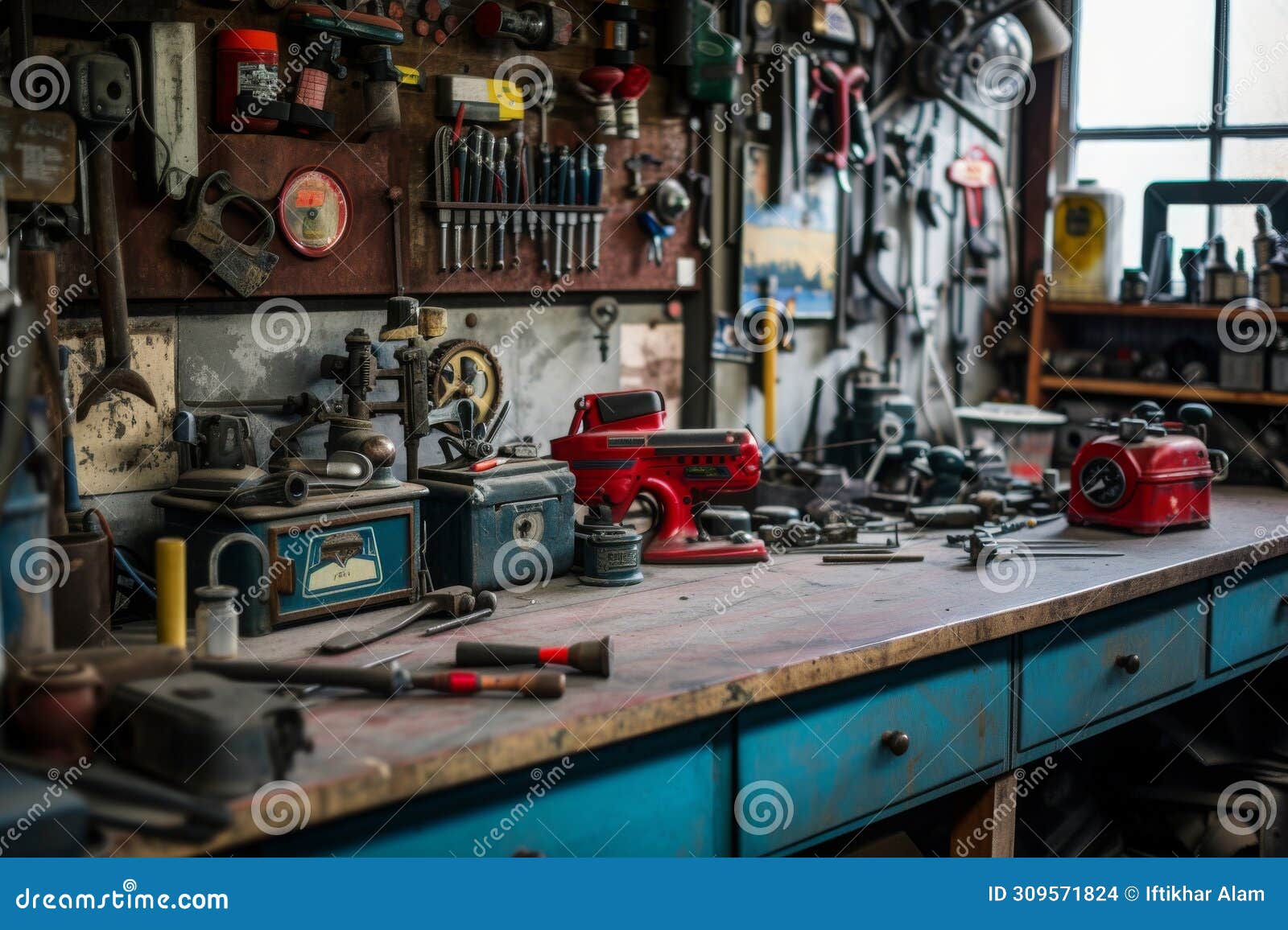 A Cluttered Workbench Filled with an Assortment of Tools and Equipment ...