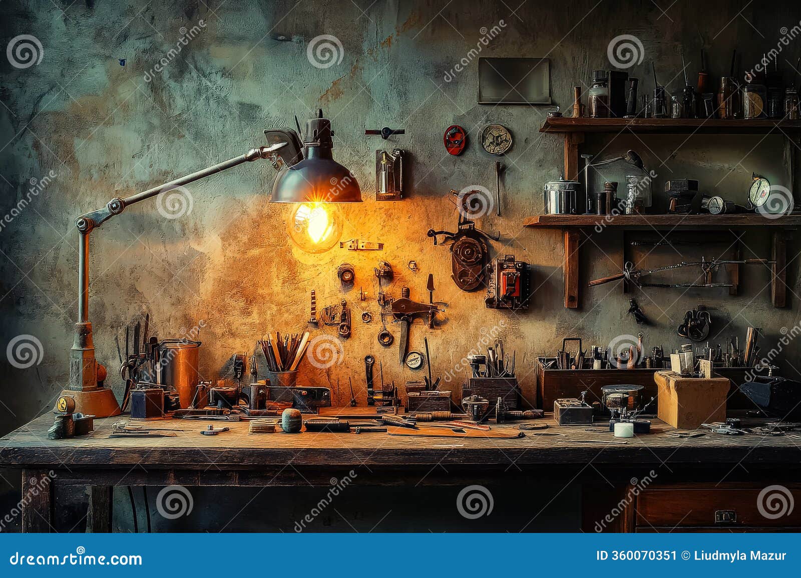 Cluttered Workbench with a Lamp on it Stock Image - Image of garage ...