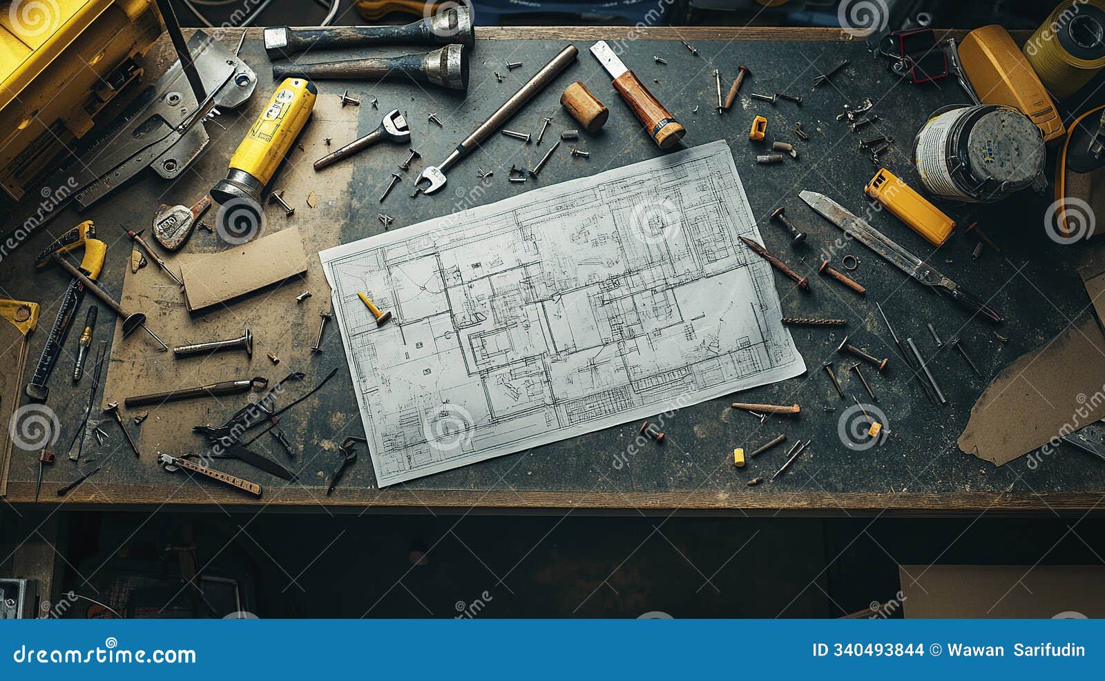 A Cluttered Workbench with Tools and a Detailed Architectural Blueprint ...
