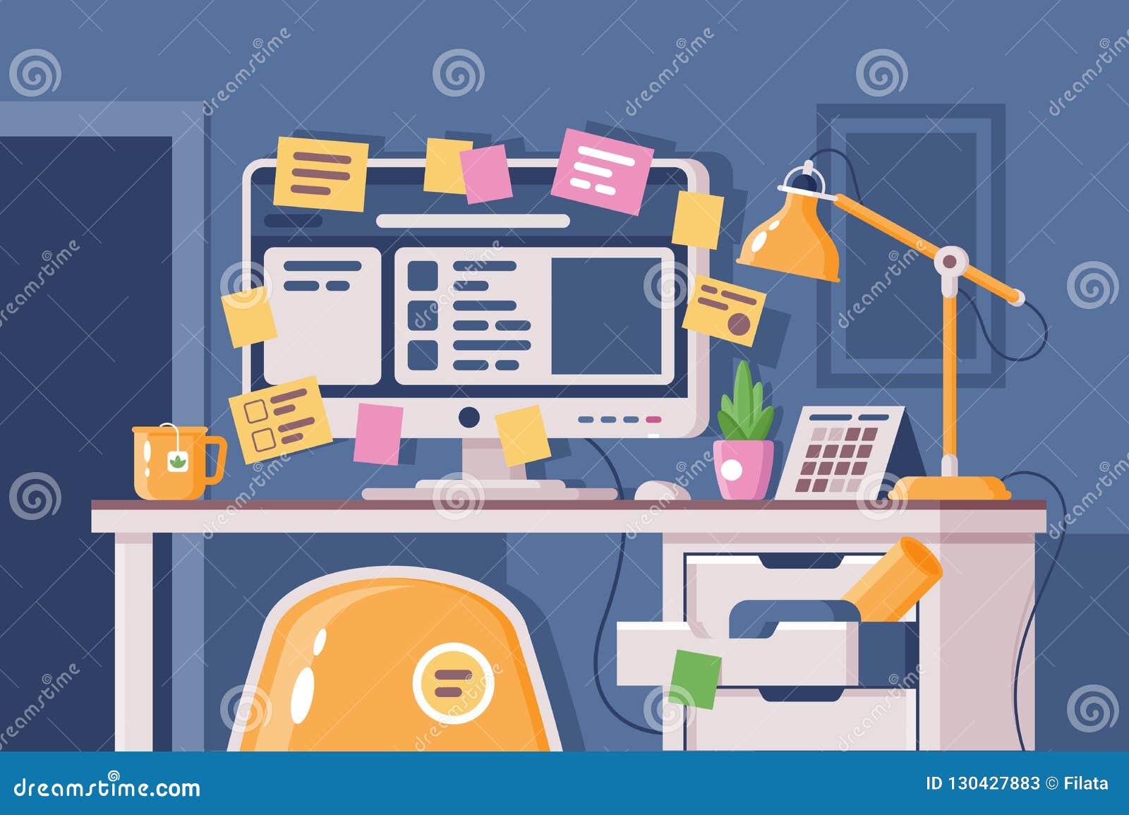 Cluttered Workplace With Computer Pasted Over With Stickers. Cartoon ...