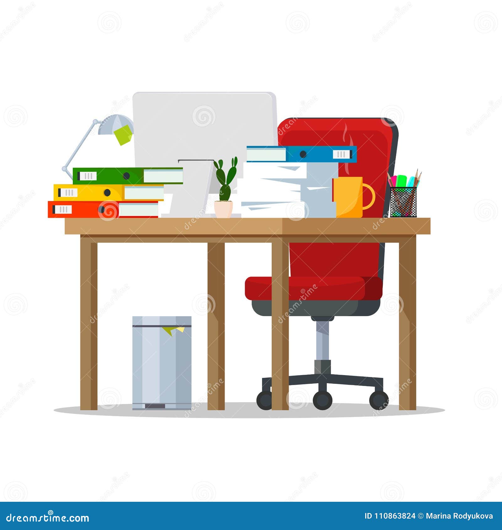 Cluttered Workplace With Computer Pasted Over With Stickers. Cartoon ...