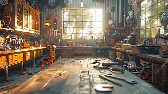 A Cluttered Workshop with Tools and a Workbench Stock Image - Image of ...