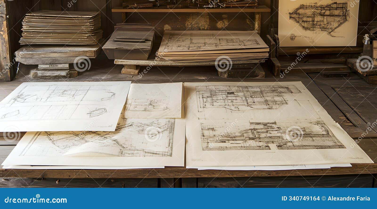 Cluttered Workspace with Architectural Drawings Stock Illustration ...