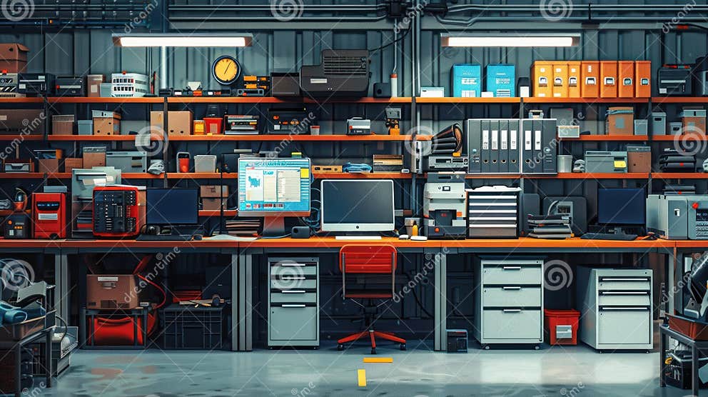 A Cluttered Workspace with a Computer, Shelves, and Various Tools and ...