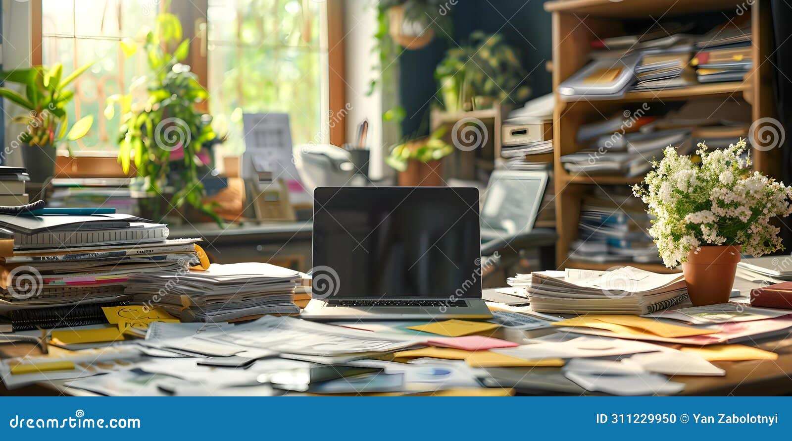 A Cluttered Workspace with a Laptop Plant and Paperwork in an Office ...