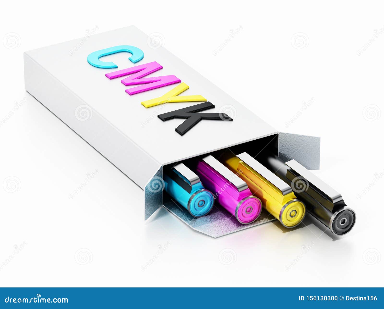 CMYK Color Pens Inside White Box. 3D Illustration Stock Illustration ...
