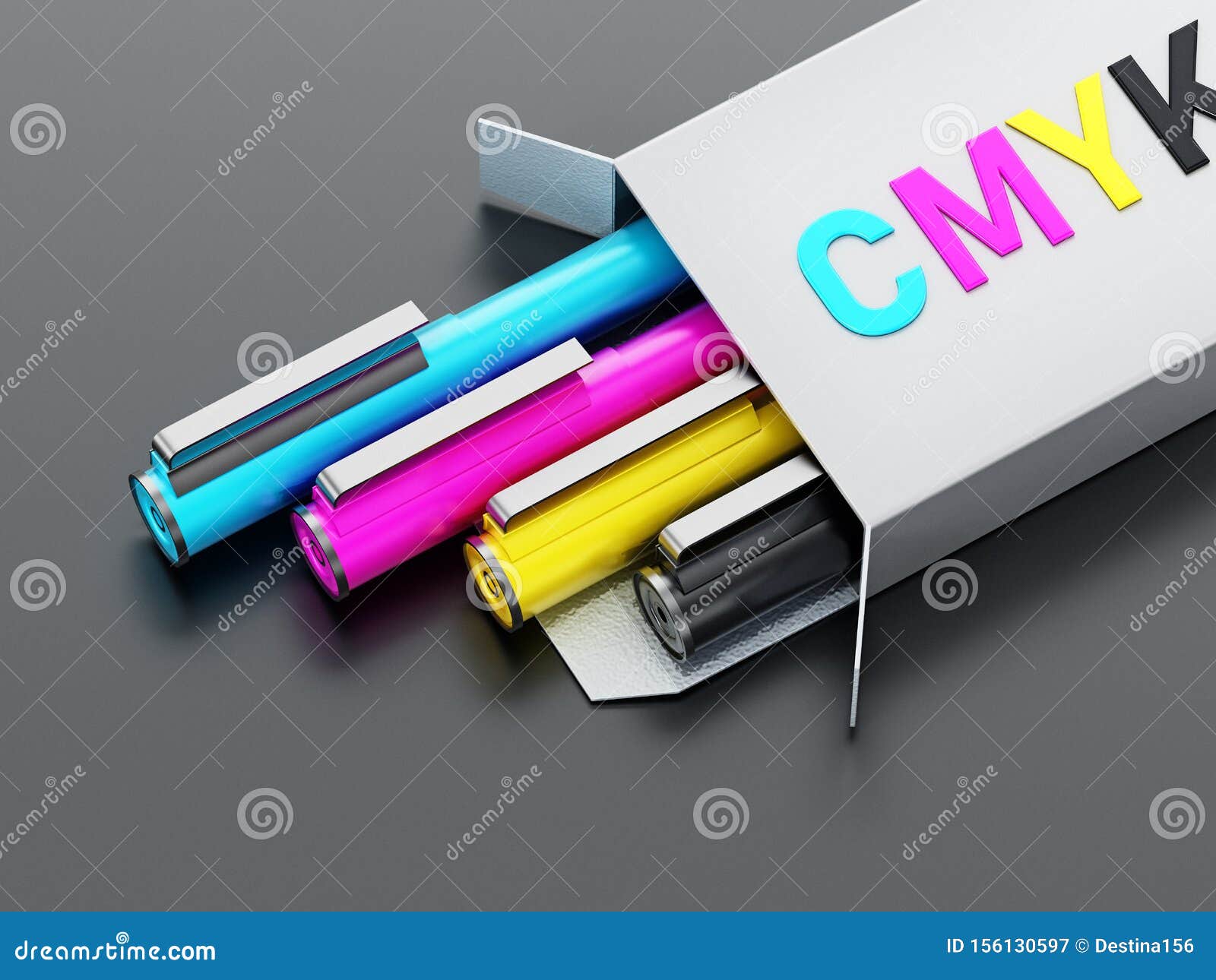 CMYK Color Pens Inside White Box. 3D Illustration Stock Illustration ...