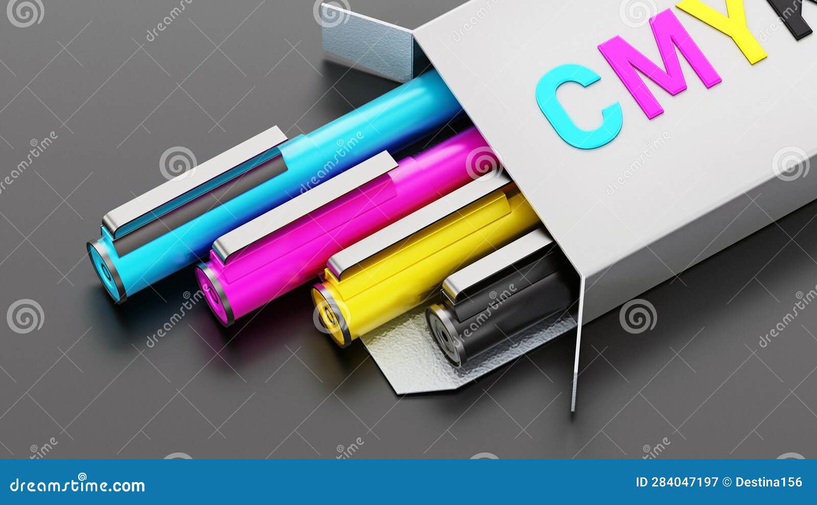 CMYK Color Pens Inside White Box. 3D Illustration Stock Illustration ...
