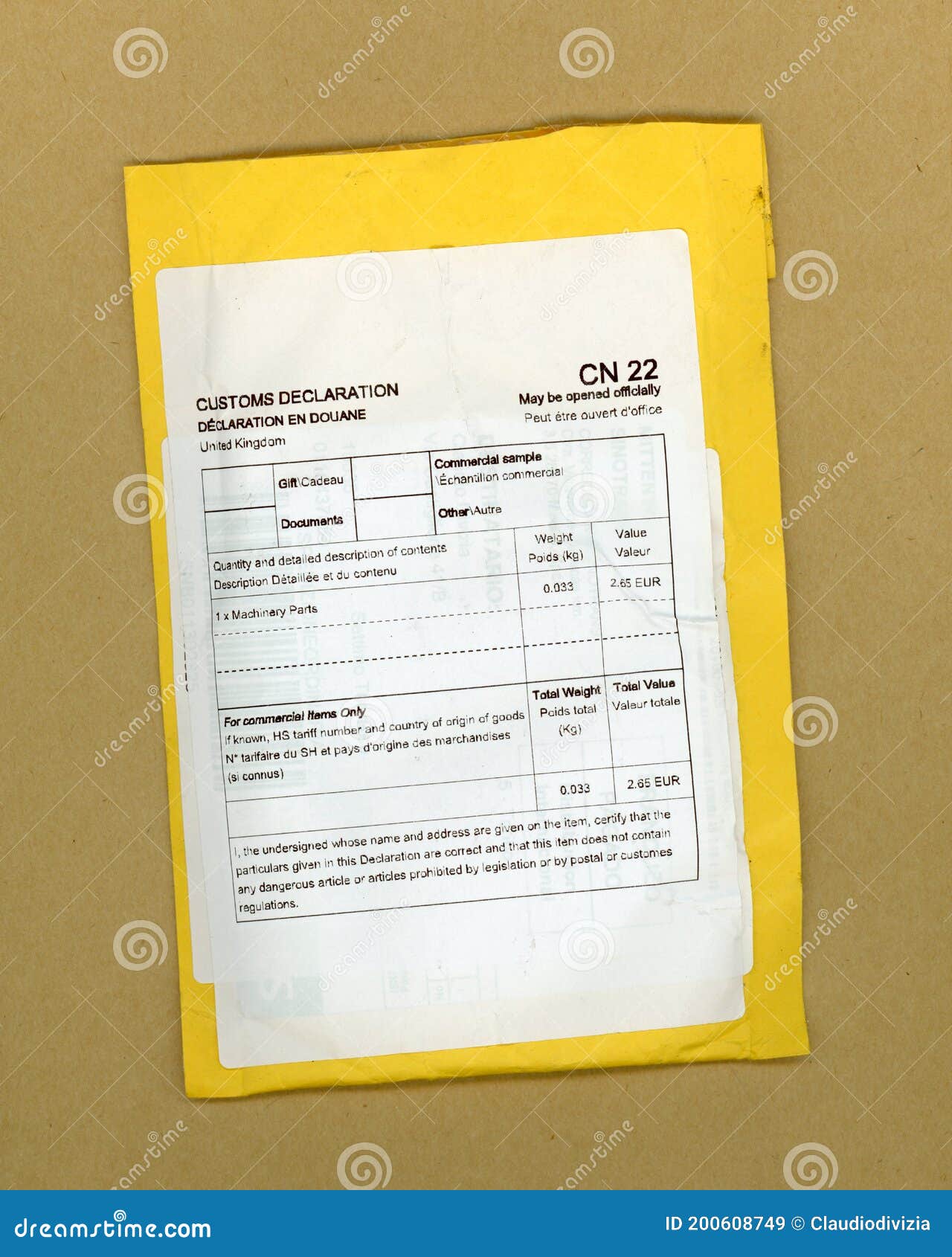 CN22 Customs Declaration for International Shipping Stock Image - Image ...