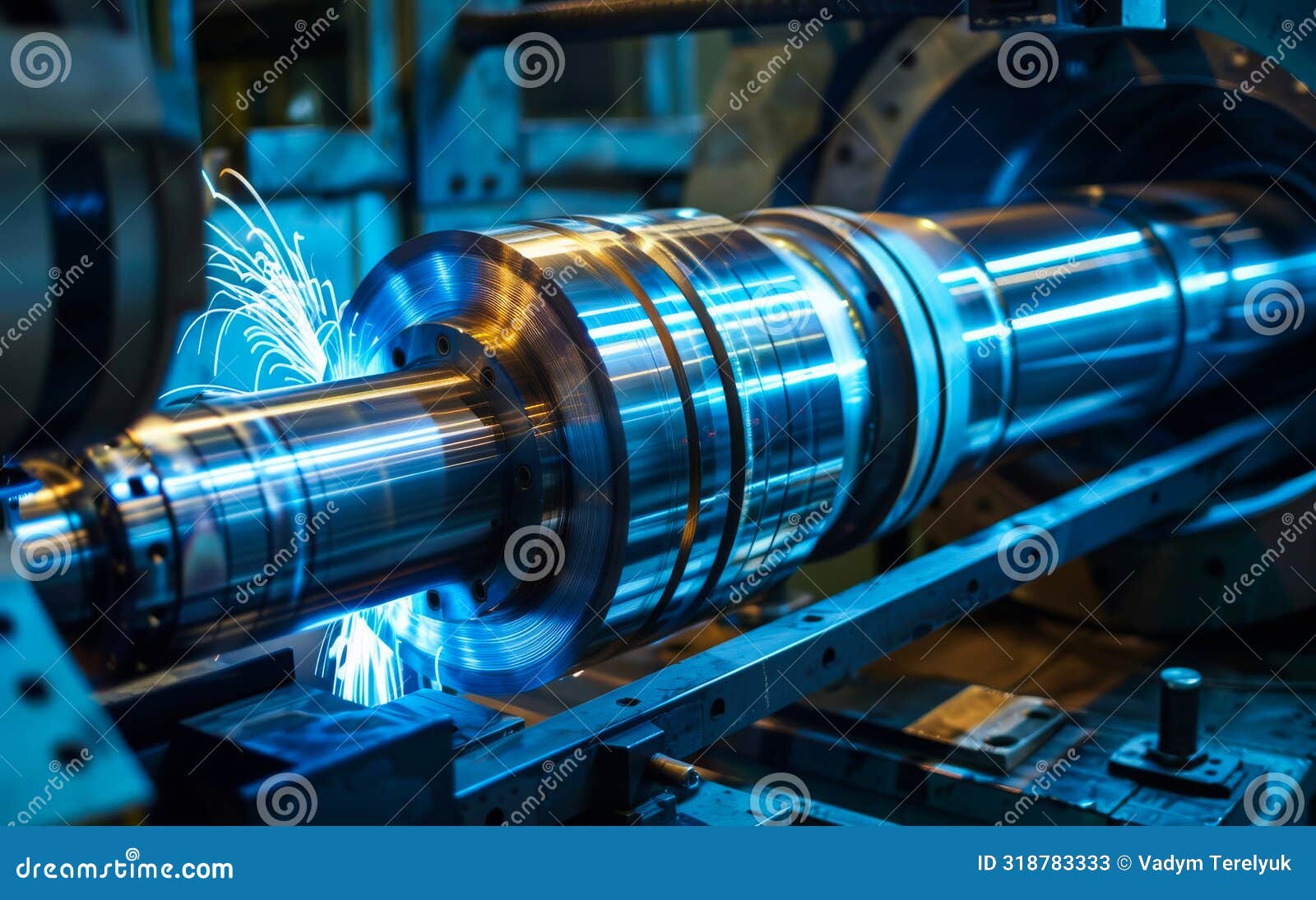 The CNC Lathe Machine Cutting the Pipe Thread with the Sparking Light ...