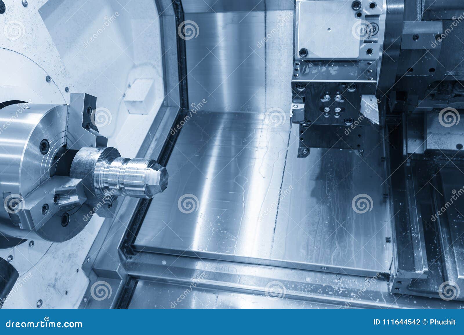 The CNC Lathe Machine in the Light Blue Scene. Stock Photo - Image of ...