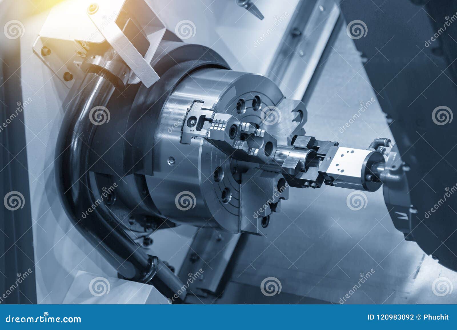 The CNC Lathe or Turning Machine Use the Robot Arm Stock Photo - Image of precision, plant ...