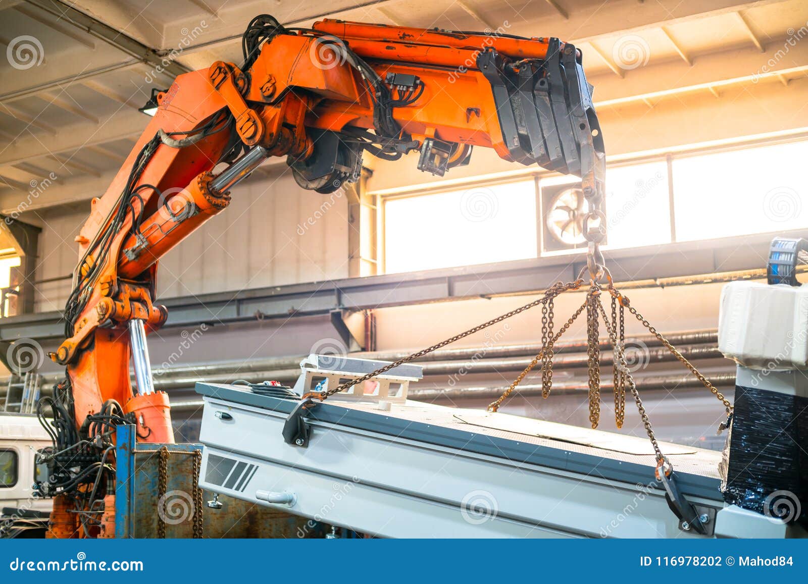 Cnc Machine Hanging on Hook Crane. Stock Photo - Image of delivery ...