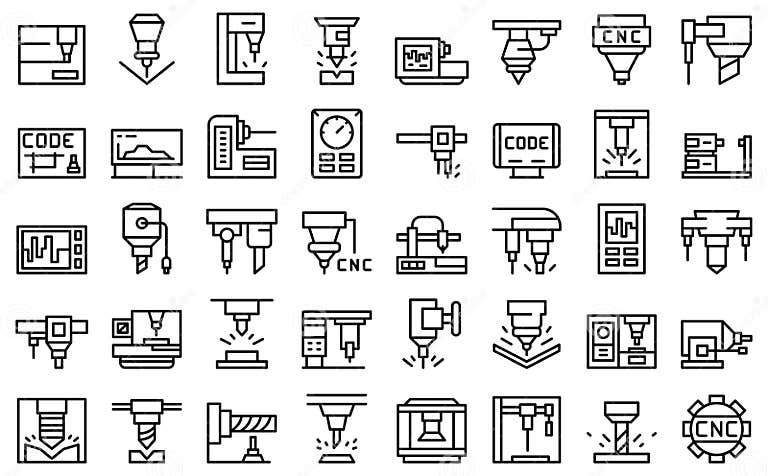 Cnc Machine Icons Set Outline Vector. Mill Controller Stock ...