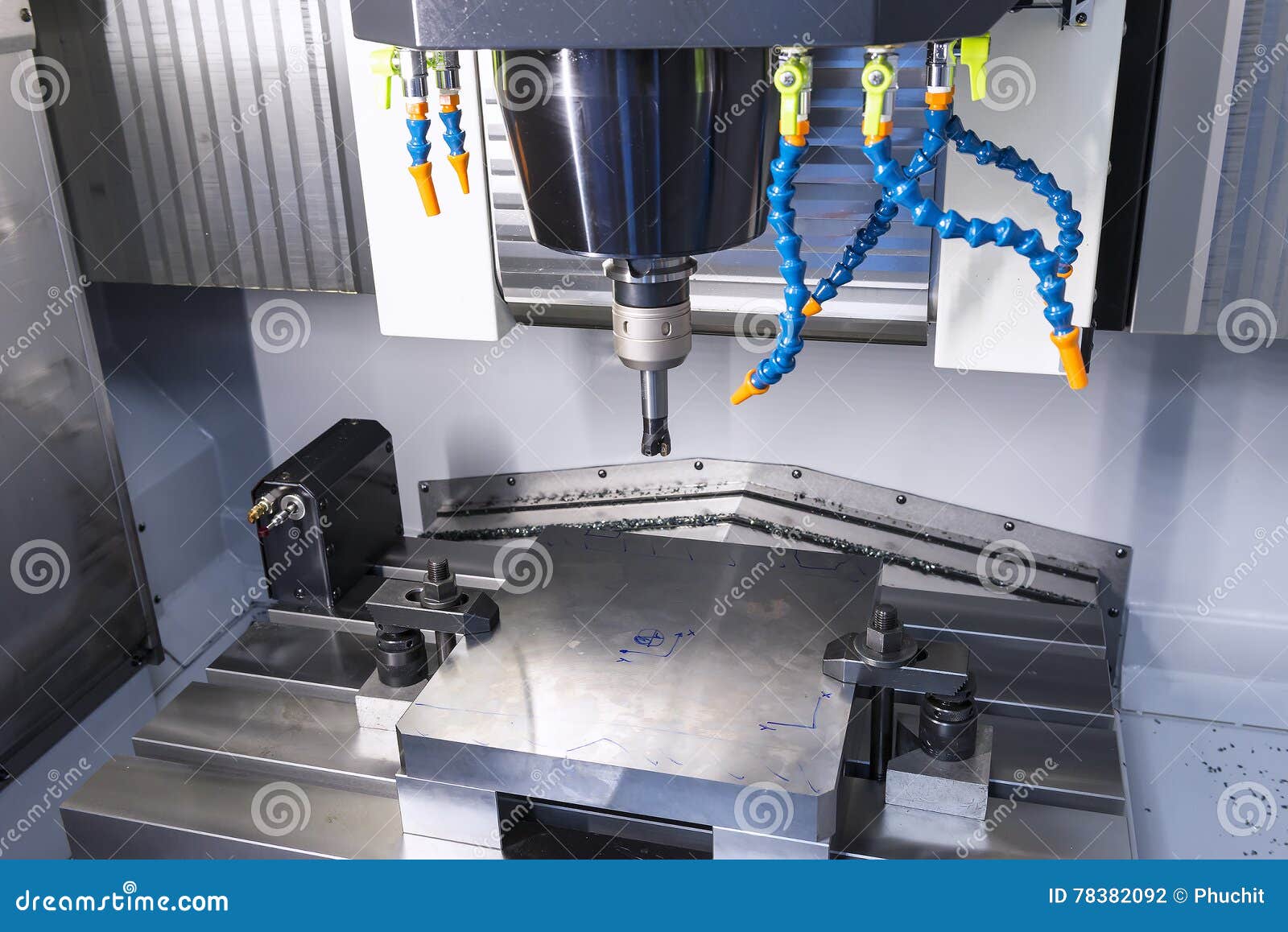 The CNC Machine while Prepare Cutting Sample Work Piece. Stock Photo ...