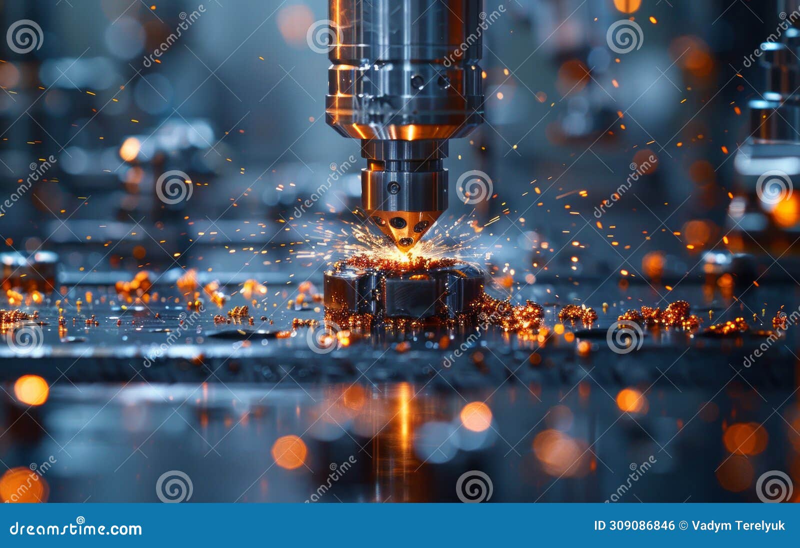 The CNC Milling Machine Cutting the Sample Part with the Sparking Light ...
