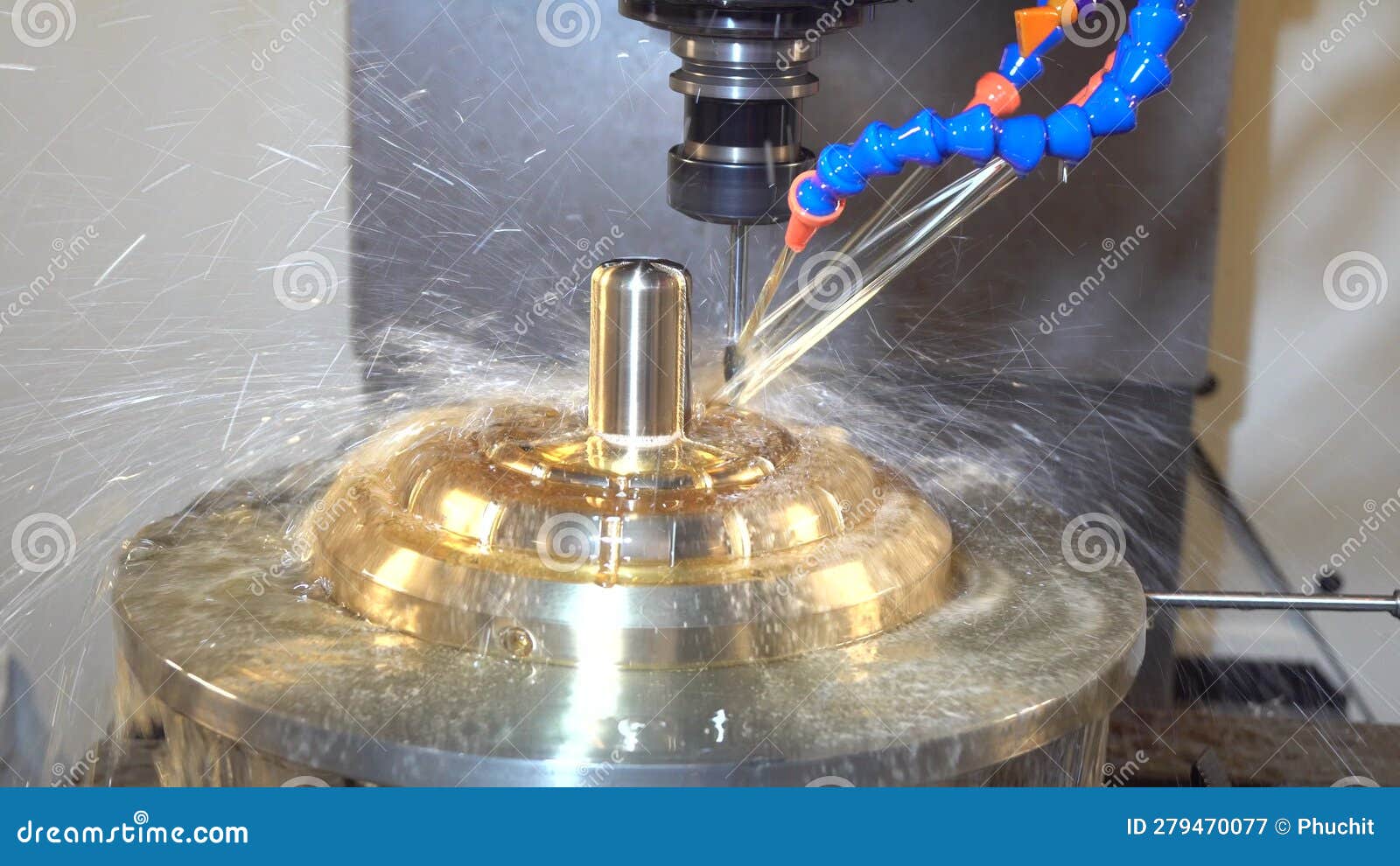 The CNC Milling Machine Cutting the Shell Mold Part with Oil Coolant ...