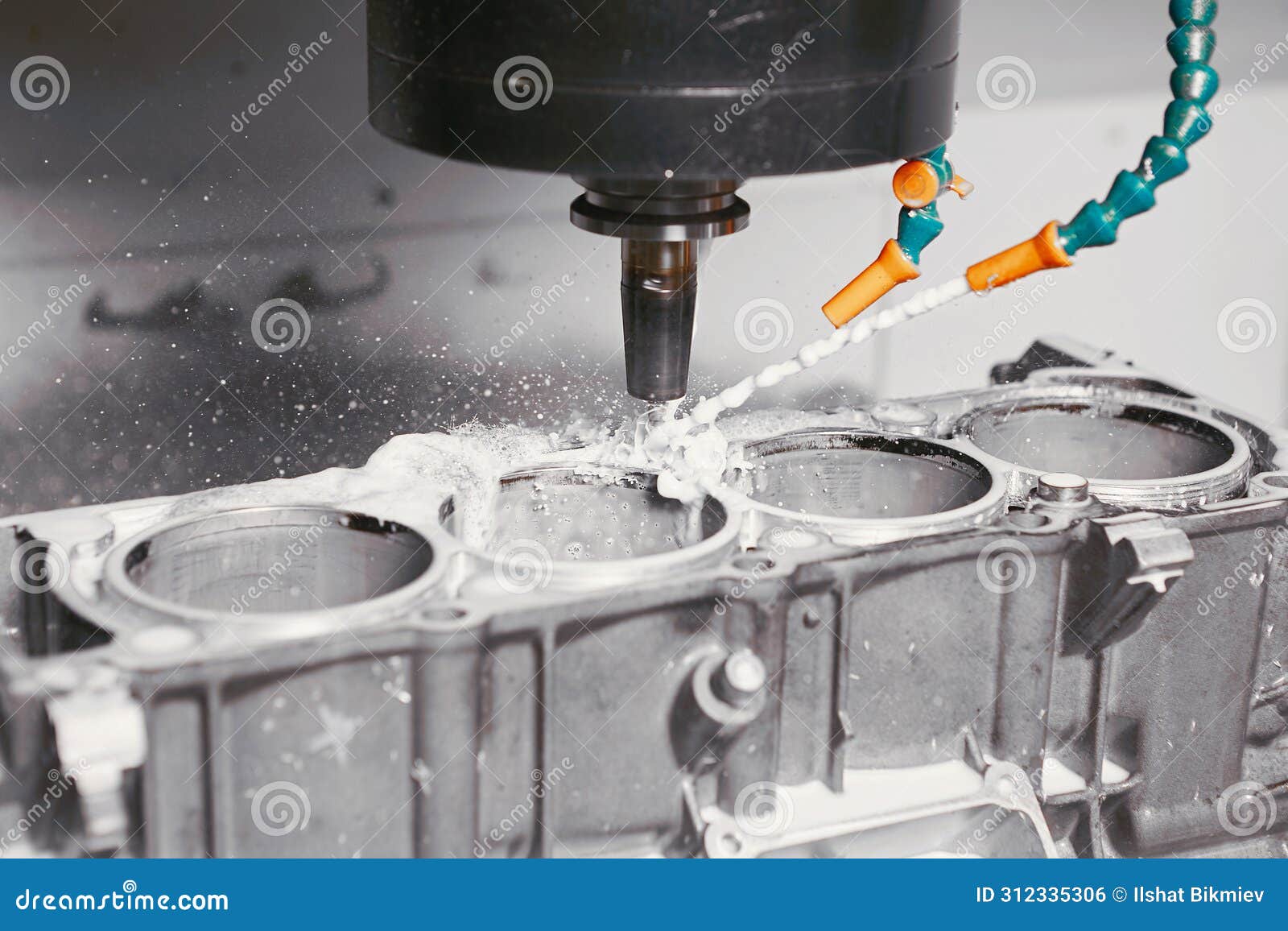 CNC Milling Machine Grinds Holes in Car Engine with Coolant. Process of ...