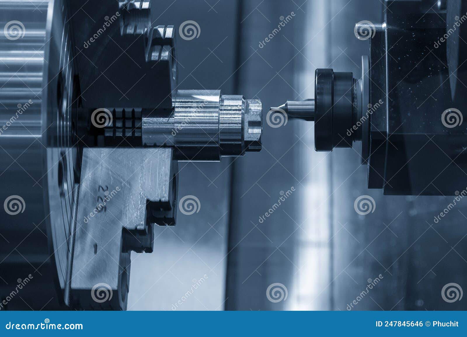 The Turn-mill Machine Cutting Groove At The Metal Shaft. Royalty-Free ...