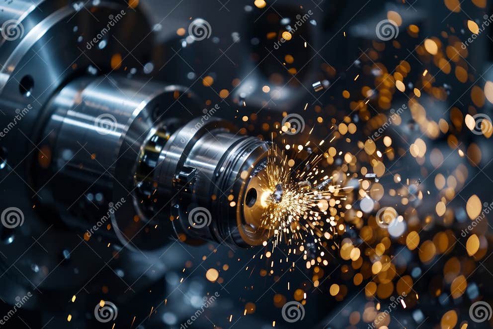 CNC Turning Machine in Operation, Showcasing Precision Machining and Spark Generation in a Metal ...