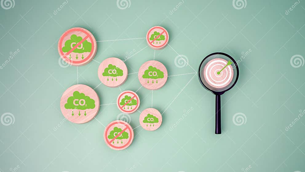 CO2 Reducing Icon on Circular Wooden Plate Connect with Target Board Icon Inside Magnifying ...