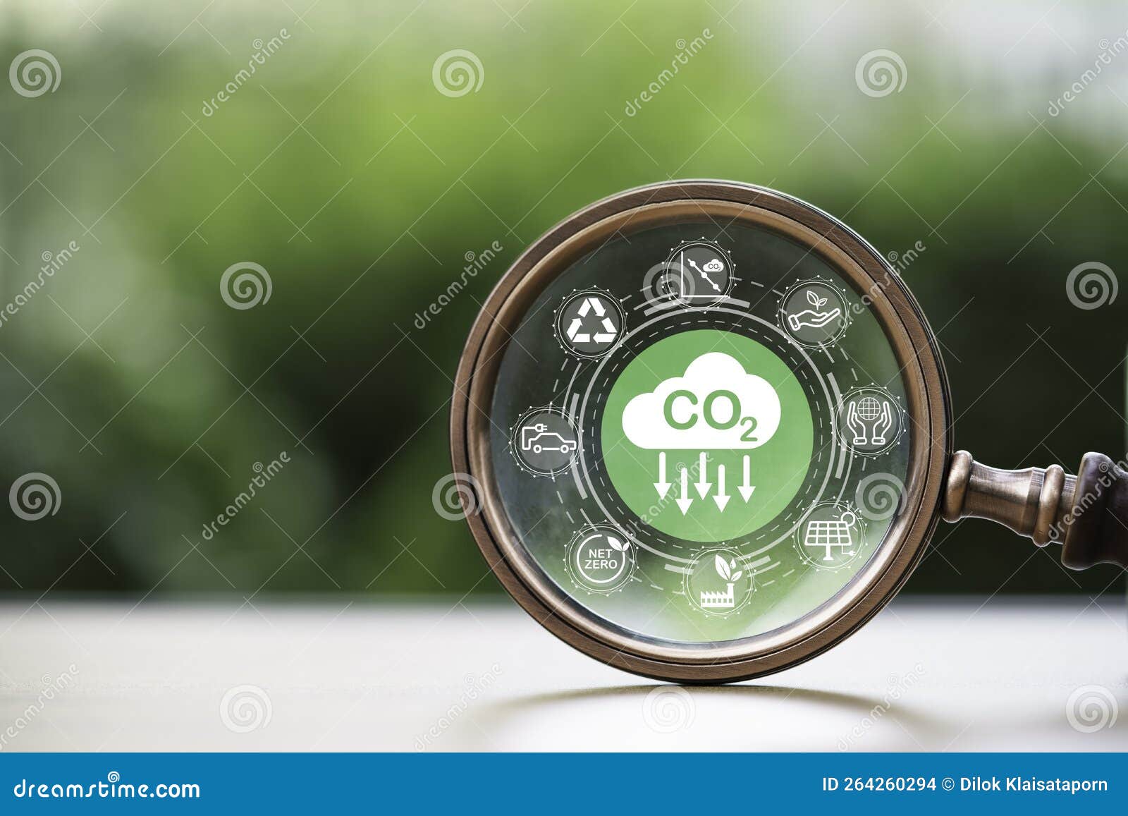 CO2 Reducing Icon Inside Magnifier Glass on Greenery Background for ...