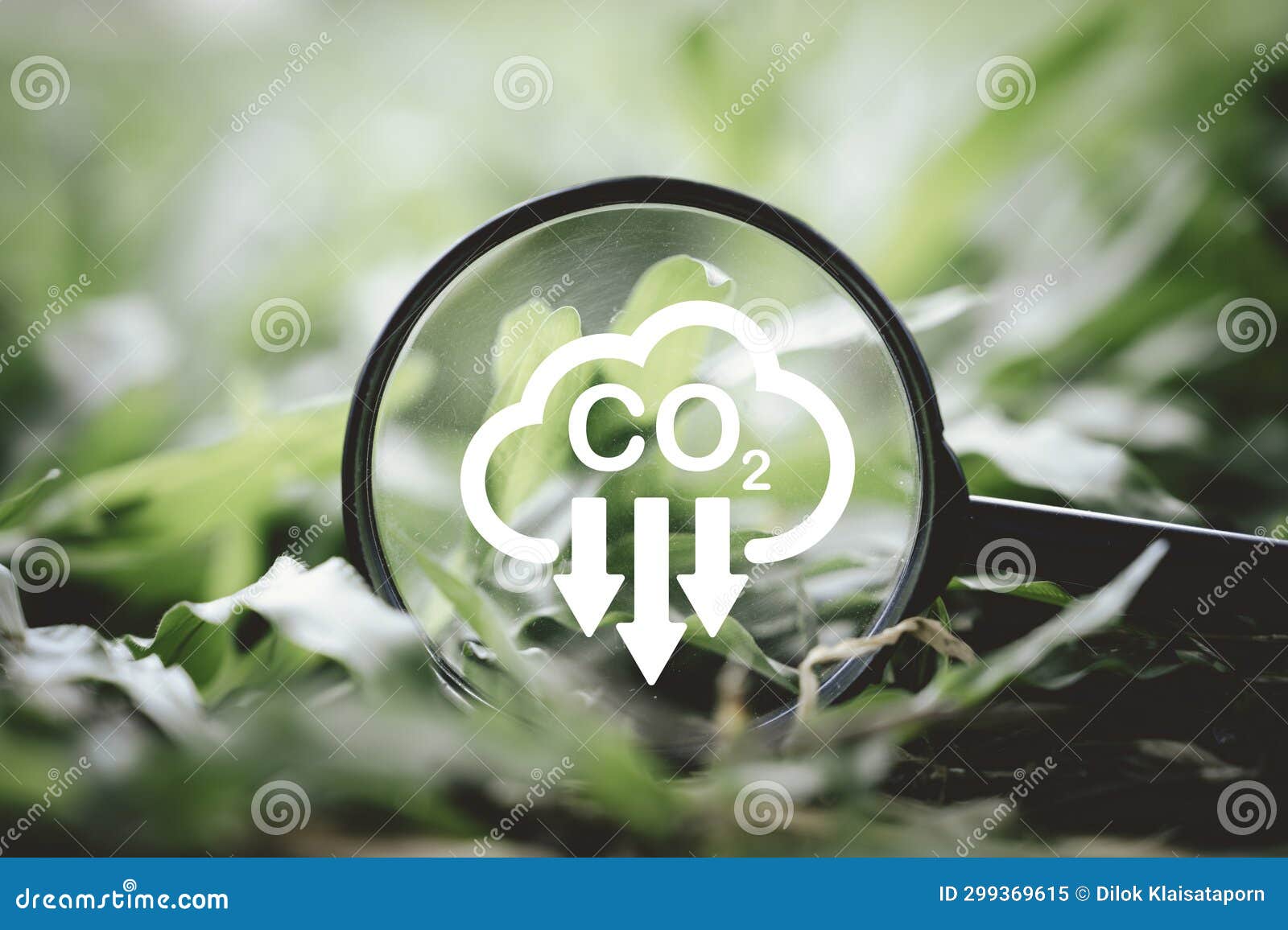 CO2 Reducing Icon on Magnifier Glass on Green Grass for Decrease CO2 , Carbon Footprint and ...
