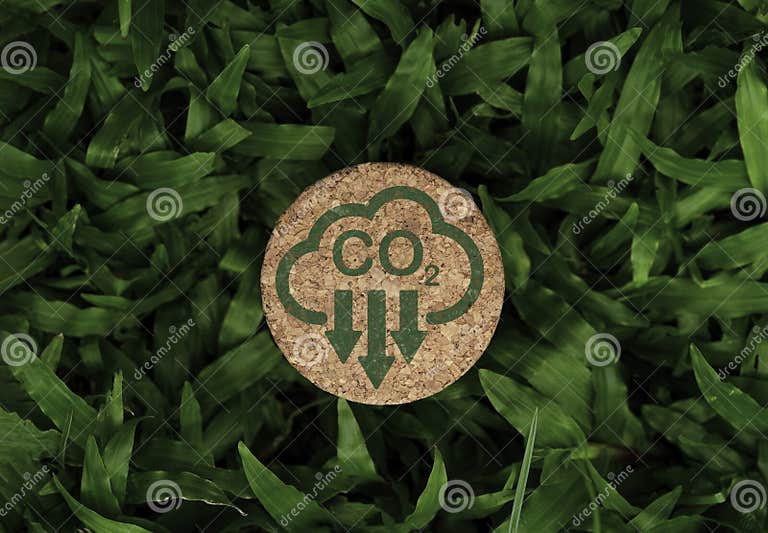 CO2 Reducing Icon Print Screen on Wooden and Green Grass for Decrease CO2 , Carbon Footprint and ...