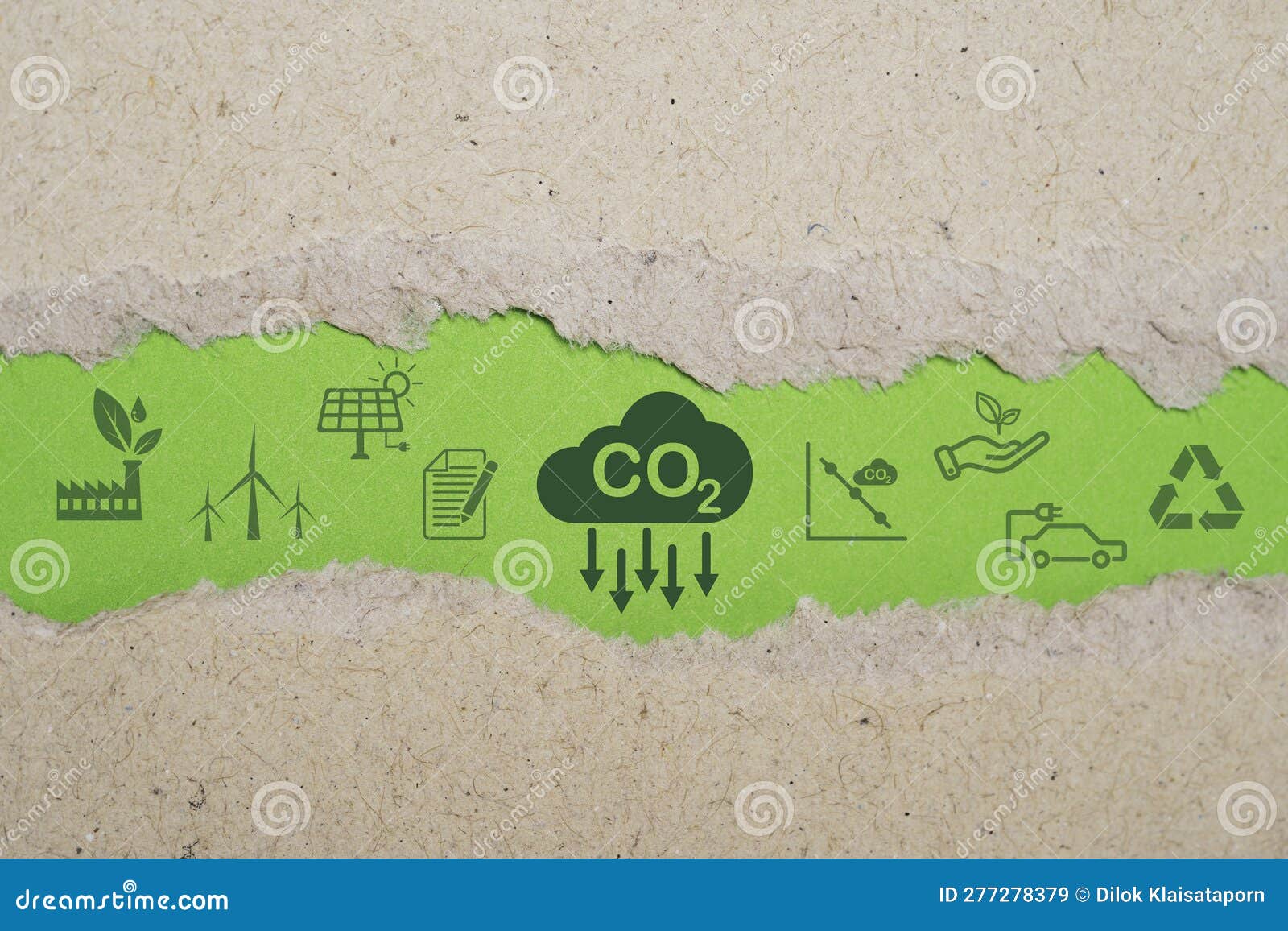 CO2 Reducing ,Recycle ,Green Factory Icon on Green Torn Paper for Decrease CO2 , Carbon ...