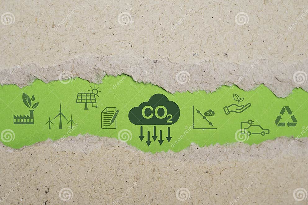 CO2 Reducing ,Recycle ,Green Factory Icon on Green Torn Paper for Decrease CO2 , Carbon ...