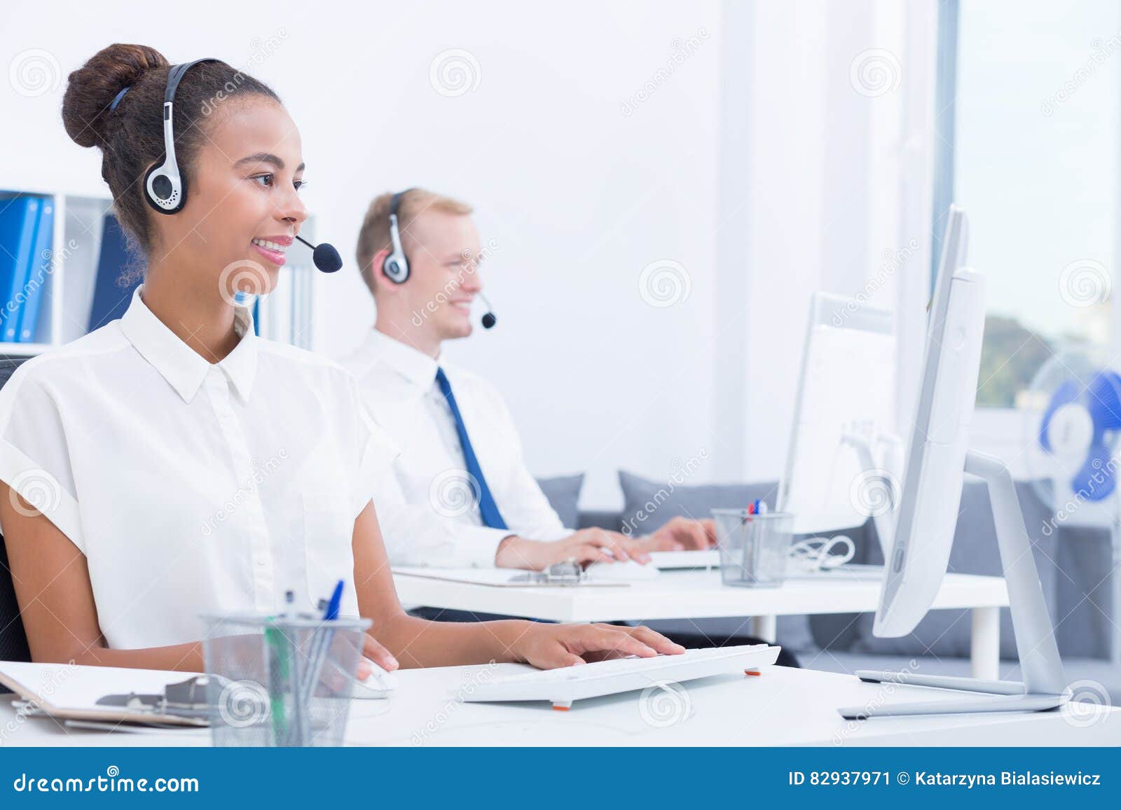Co-workers in Telemarketing Office Stock Image - Image of positive ...