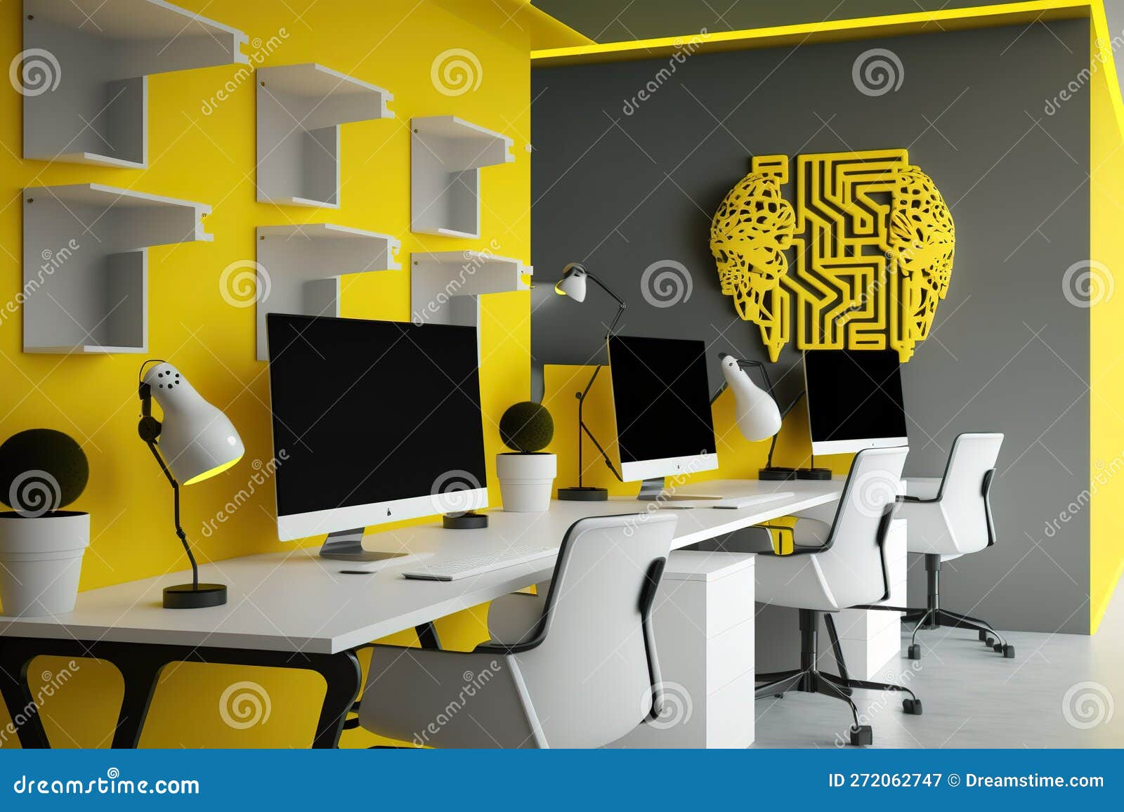 Co-working Office Room with Computers and Yellow Abstract Wall ...
