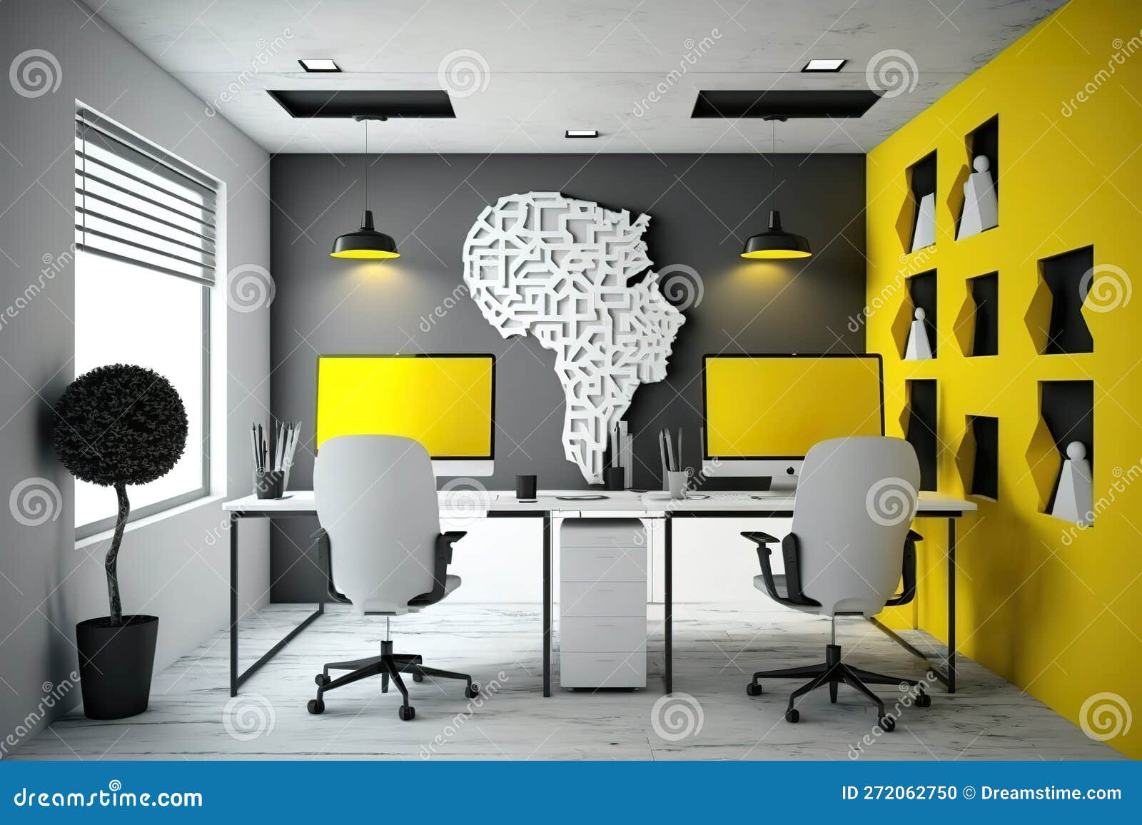 Co-working Office Room with Computers and Yellow Abstract Wall ...
