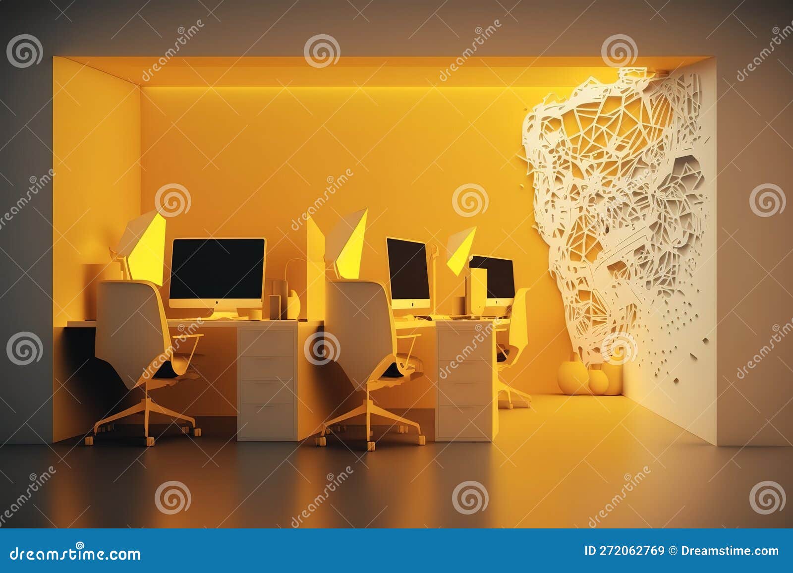 Co Working Office Room with Computers and Yellow Abstract Wall ...