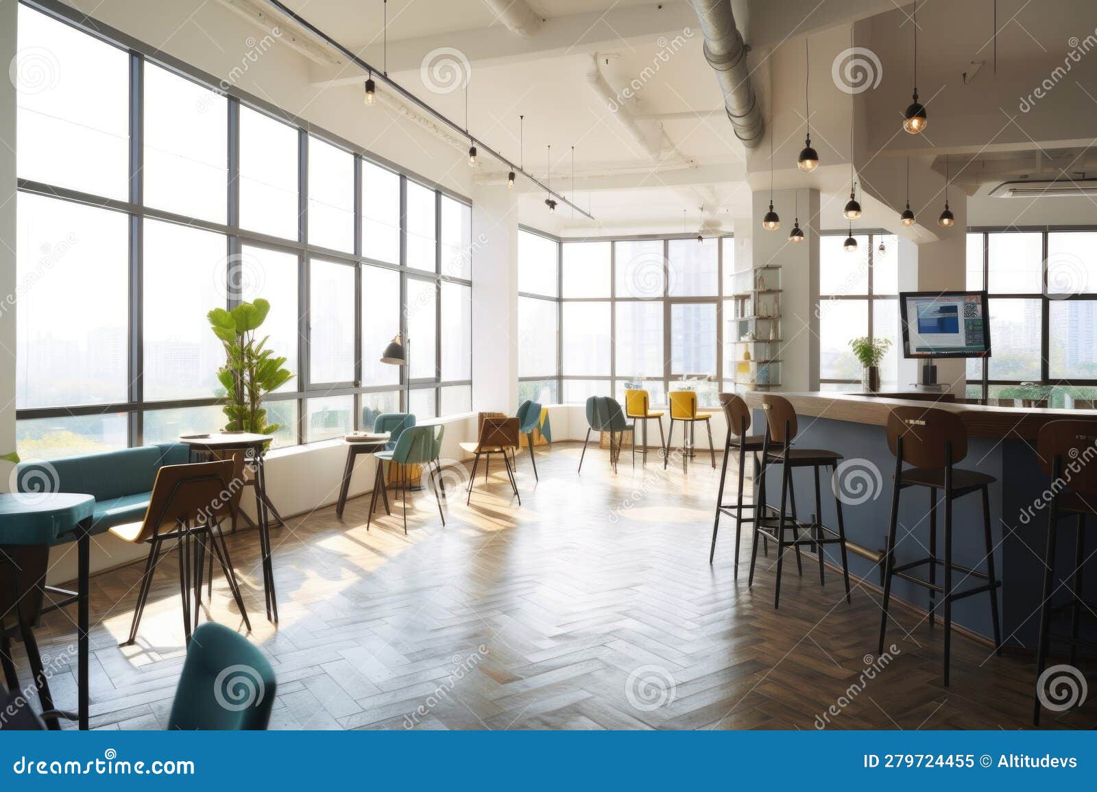 Co-working Space in Modern Office with Communal Seating and Natural ...