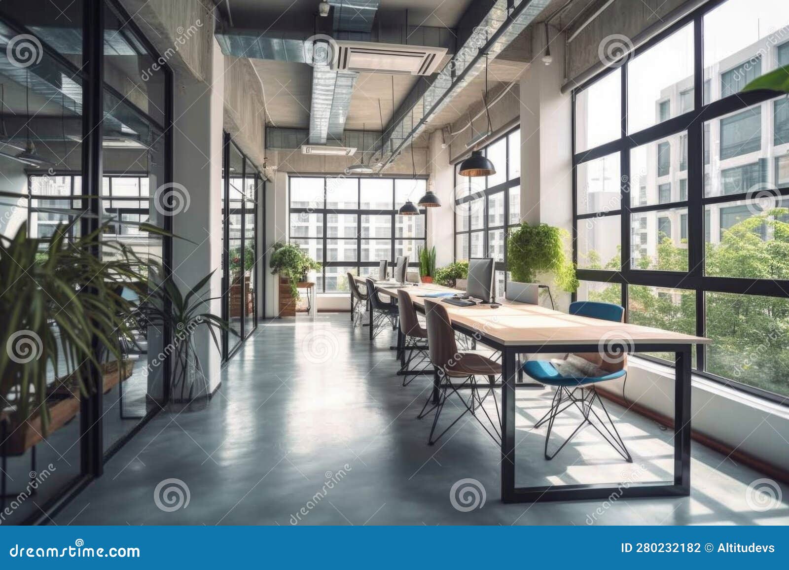 Co-working Space in Modern Office with Communal Seating and Natural ...