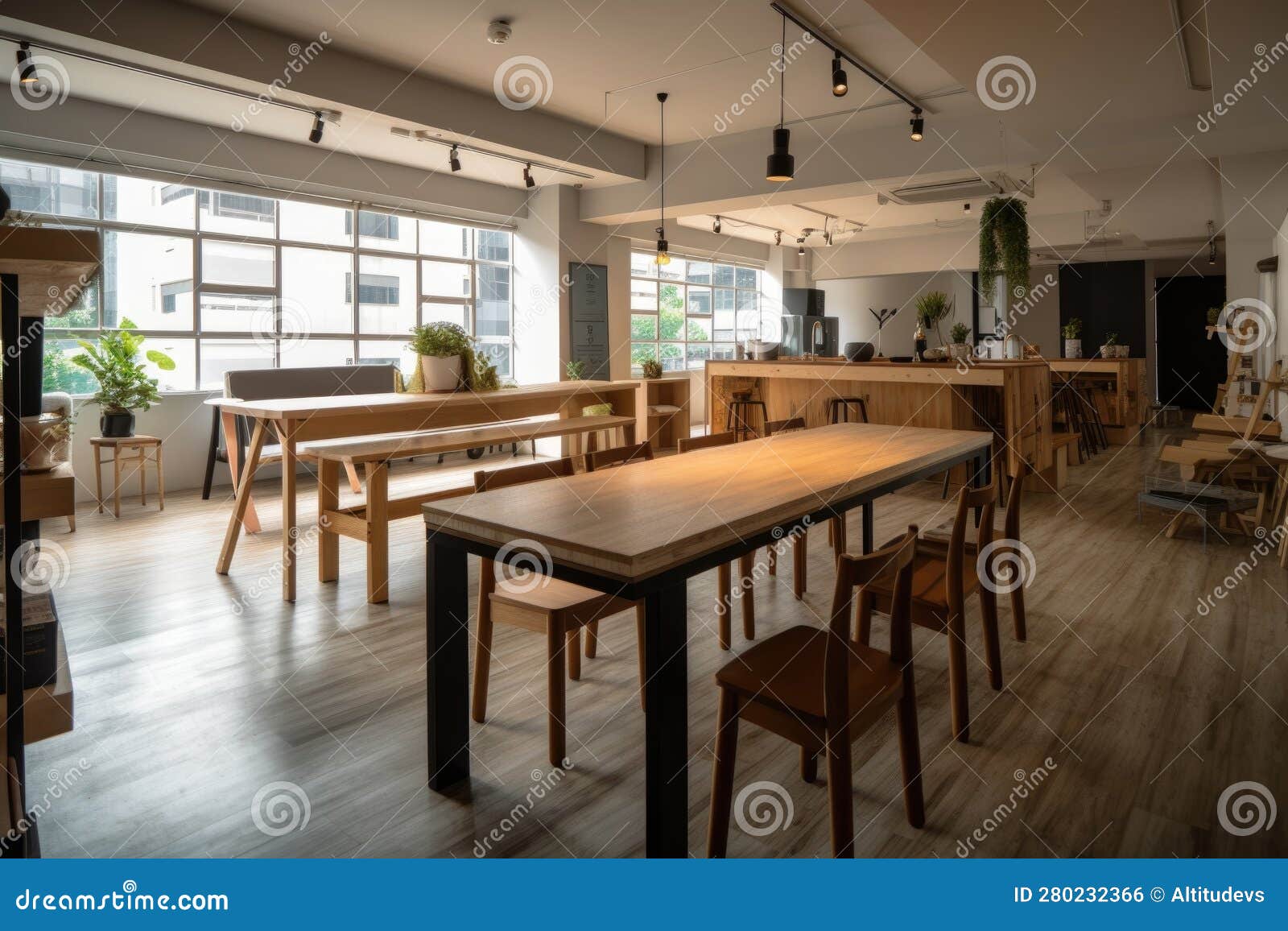 Co-working Space with Open Floor Plan and Communal Tables, Suitable for ...