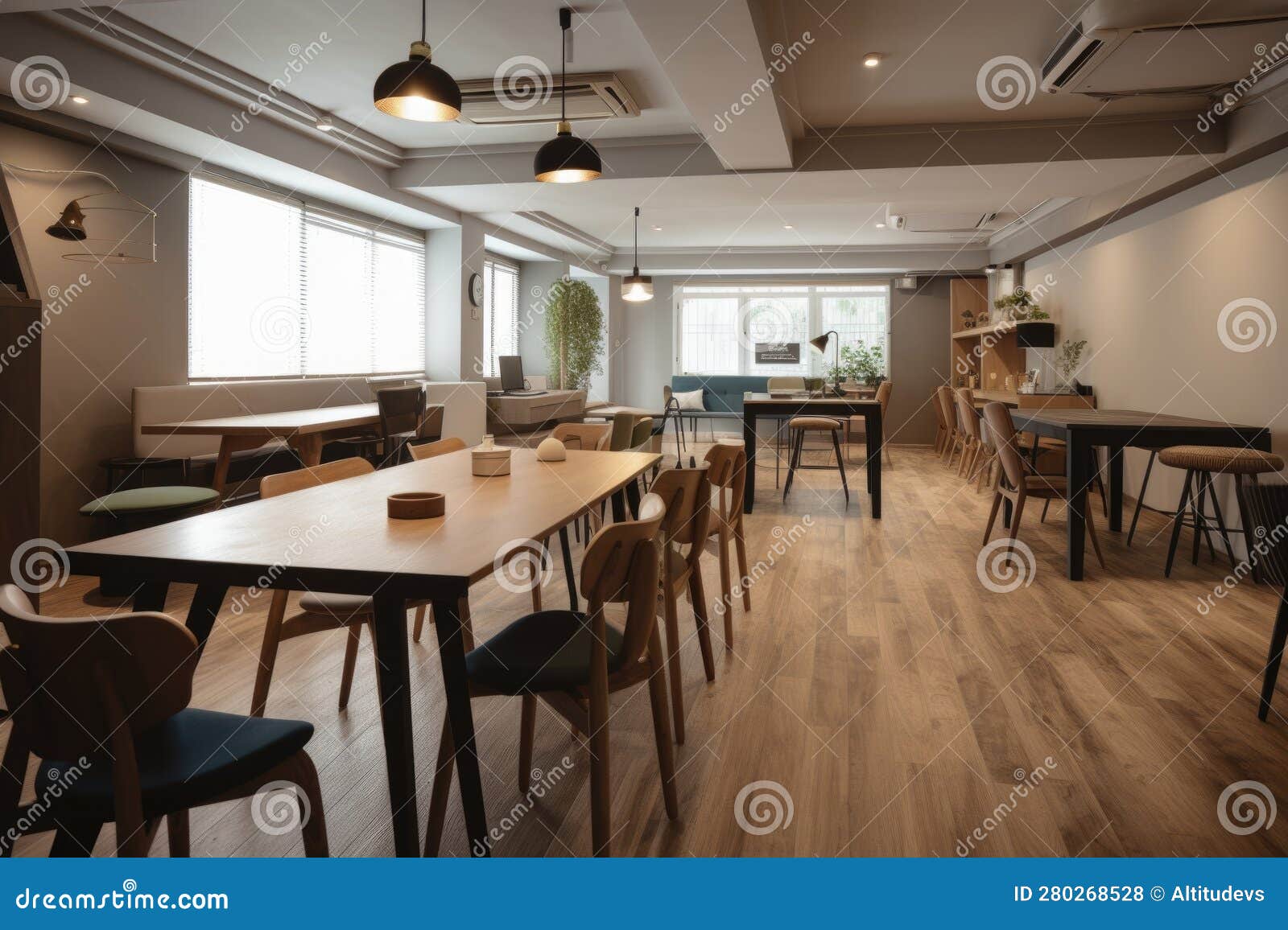 Co-working Space with Open Floor Plan and Communal Tables, Suitable for ...