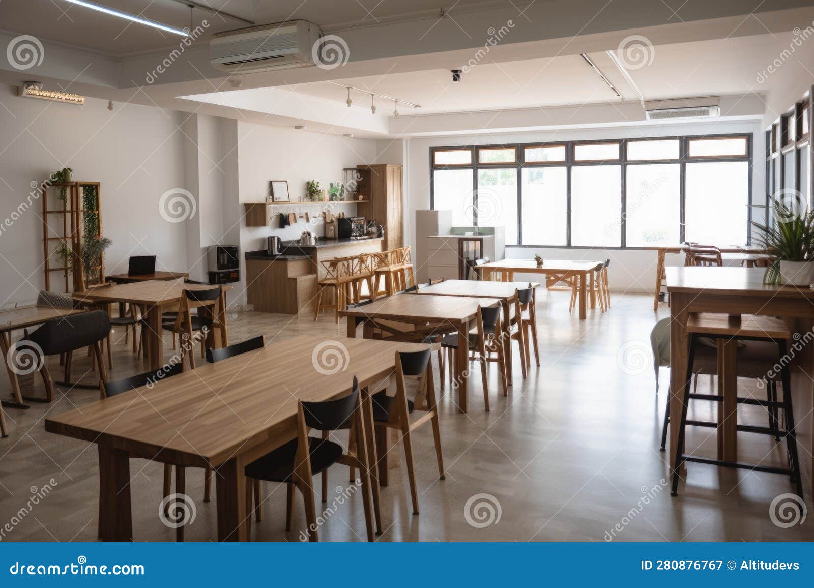 Co-working Space with Open Floor Plan and Communal Tables, Suitable for ...
