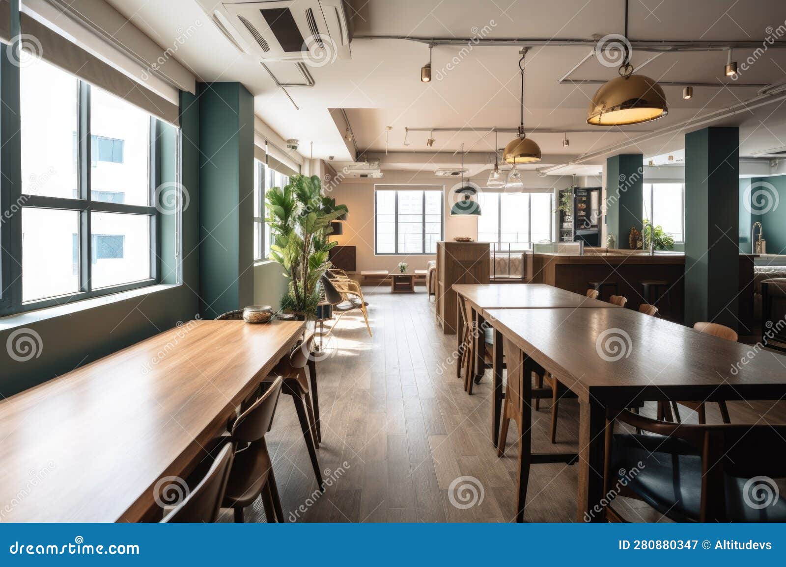 Co-working Space with Open Floor Plan and Communal Tables, Suitable for ...