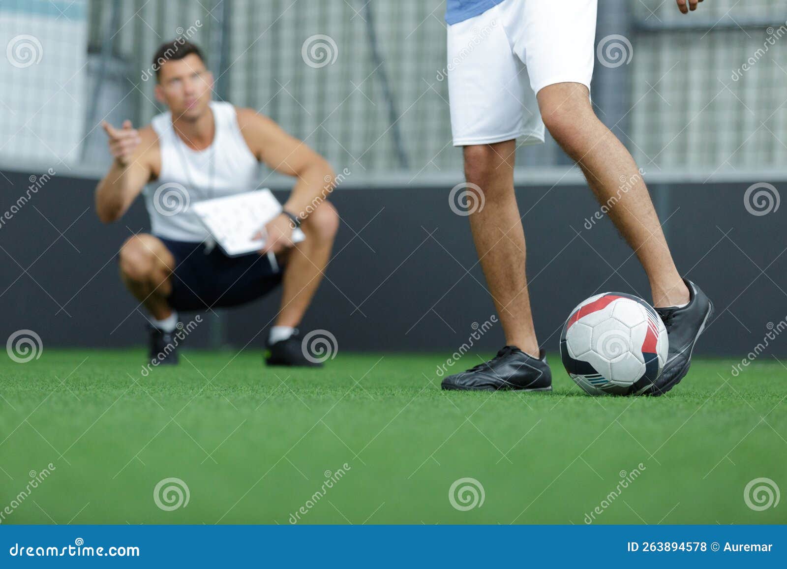 Coach and Man Playing Football Indoor Stock Photo - Image of procedure ...
