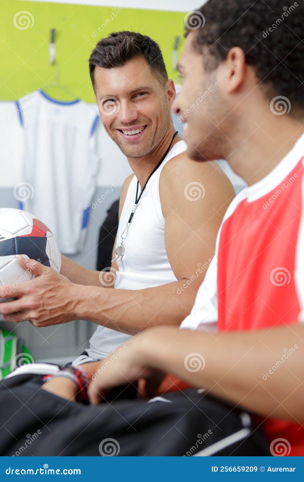 Coach and Sportsman in Locker-room Stock Image - Image of bodycare ...