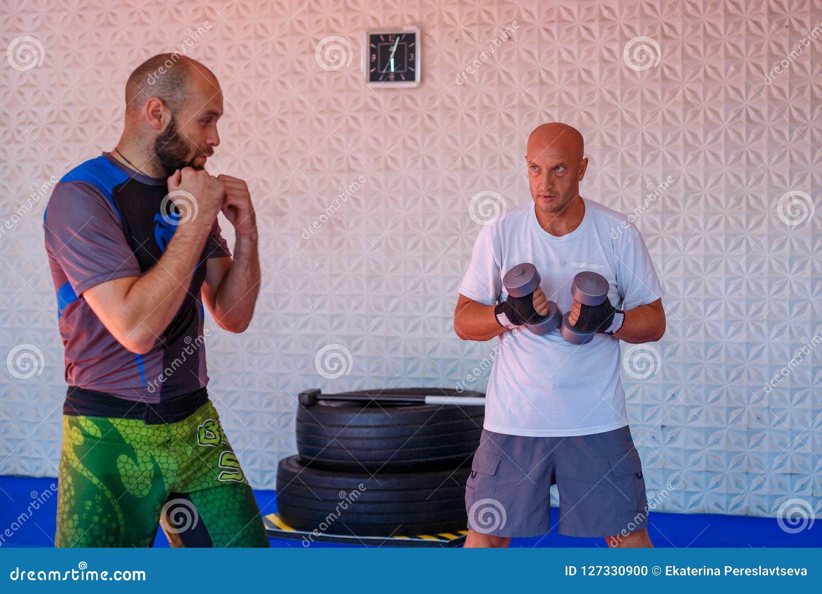 The Coach Trains the Boxer Shows Strikes Stock Photo - Image of indoors ...