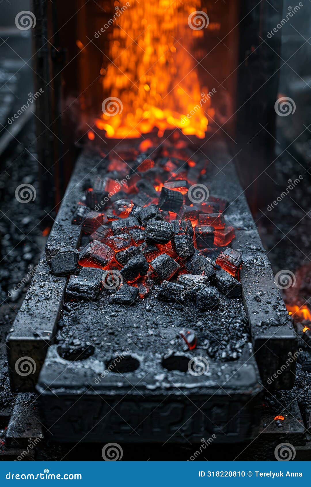 Coal Burning in Brazier Melting Iron. a Photo of Black Coals Being ...