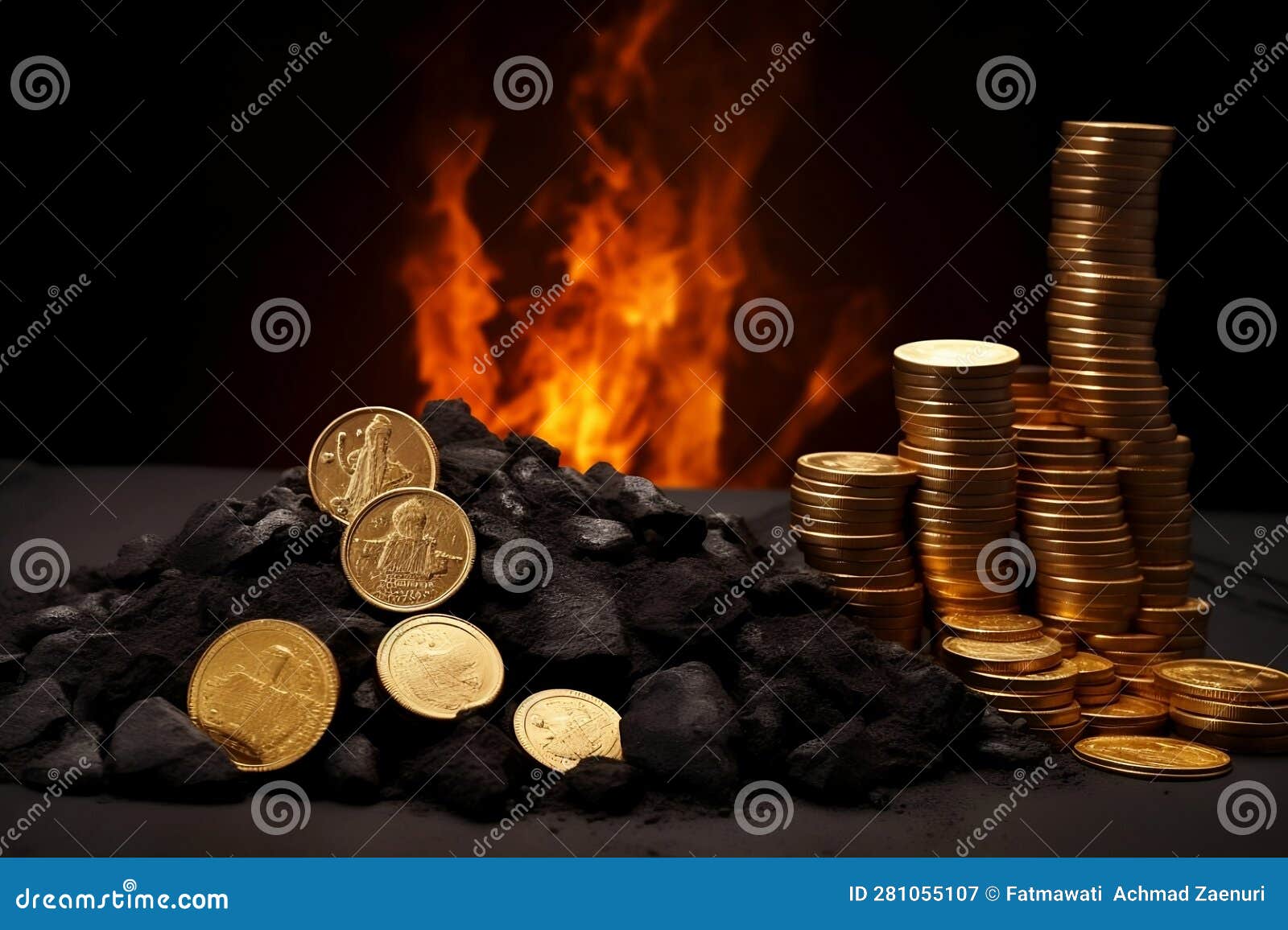 Coal Burning with Gold Coin Stack with Fire As Background , Generative ...