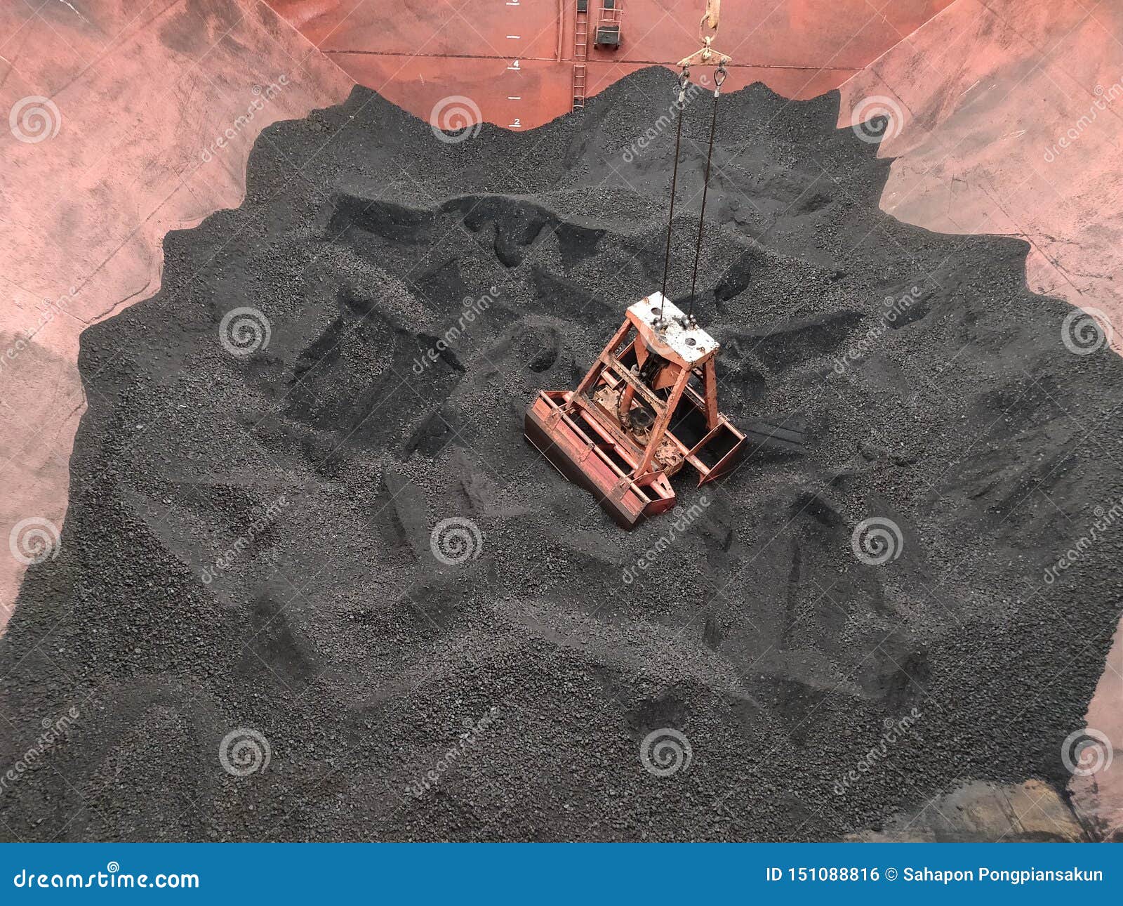 Coal Discharging Operation by Crane`s Grab on Bulk Ship Stock Photo ...