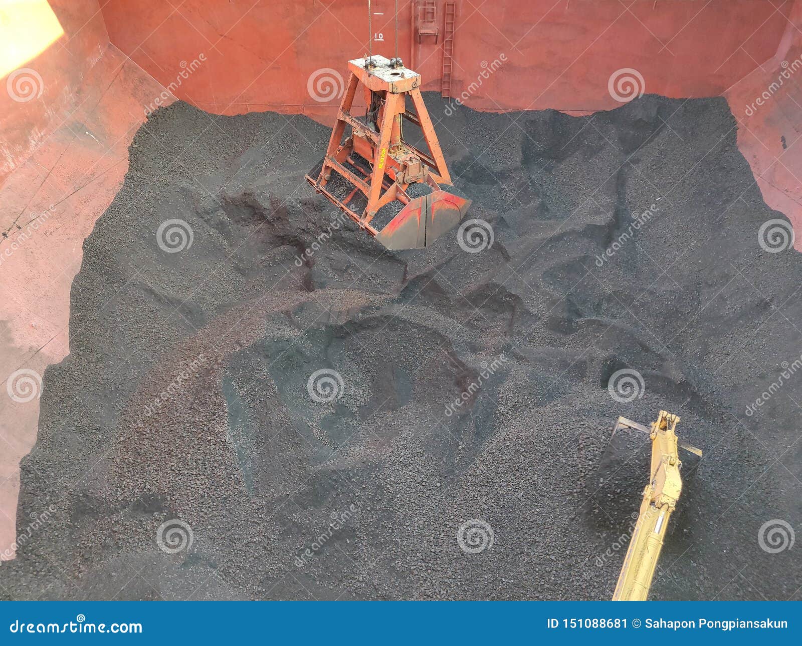 Coal Discharging Operation by Crane`s Grab and Excavator on Bulk Ship ...