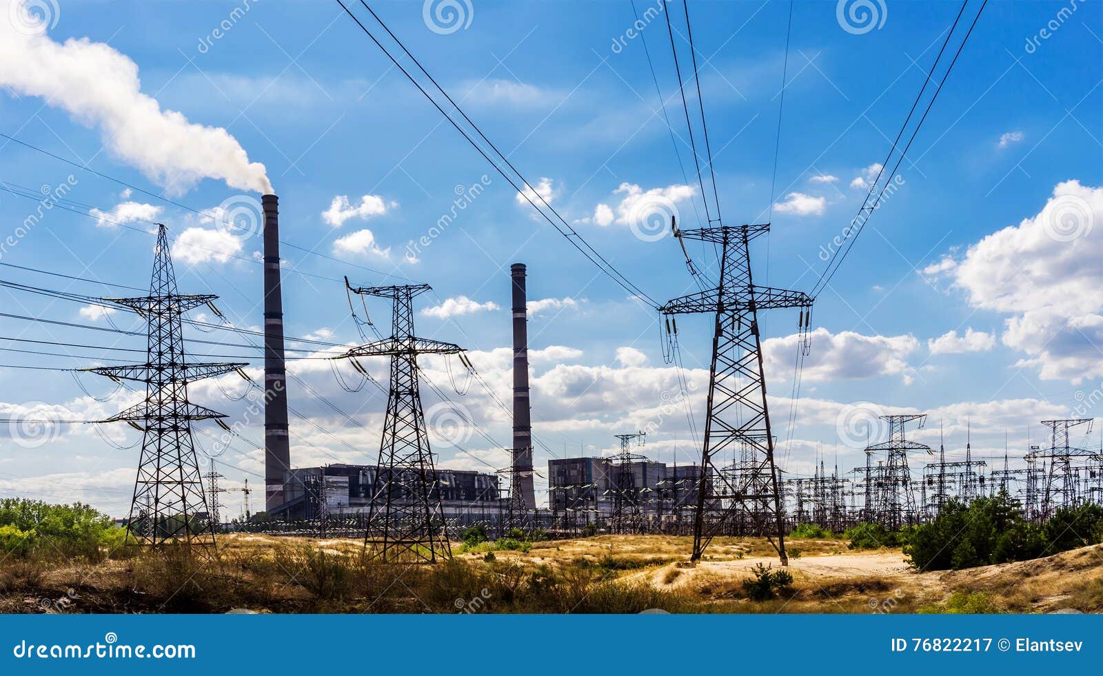 Coal-fired Power Plant and Transmission Lines in the Foreground. Stock ...