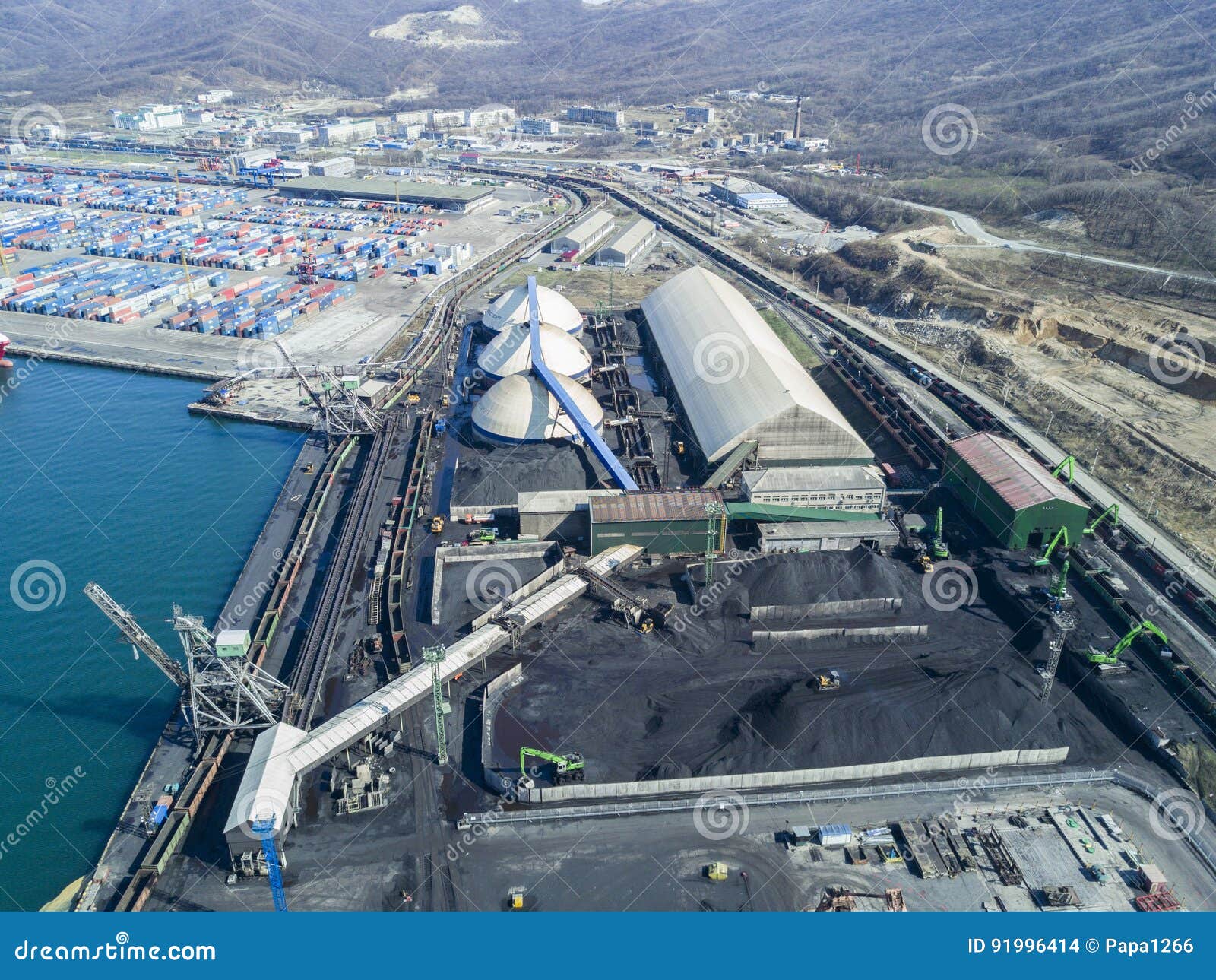 Coal handling terminal. stock photo. Image of cranes - 91996414
