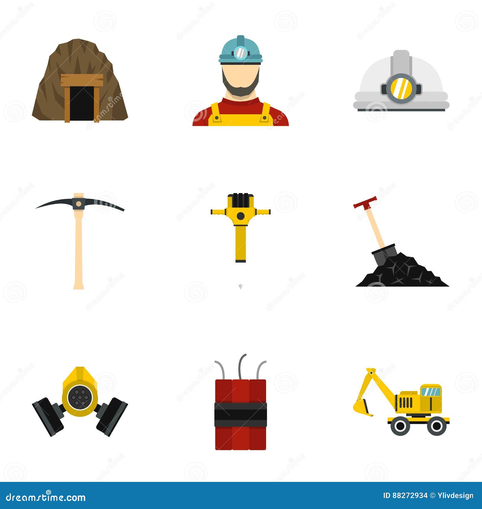 Coal Mine Icons Set, Flat Style Stock Vector - Illustration of lamp ...